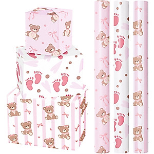WRAPAHOLIC Baby Shower Wrapping Paper Roll - Mini Roll - 3 Rolls - 17 Inch X 120 Inch Per Roll - Butterfly Girl, Little Bear, Moon, Stripe Design for Kids