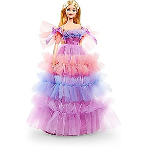 Barbie Birthday Wishes Doll (Blonde, 13-inch), Wearing Ruffled Gown, with Doll Stand and Certificate of Authenticity, Gift for 6 Year Olds and Up