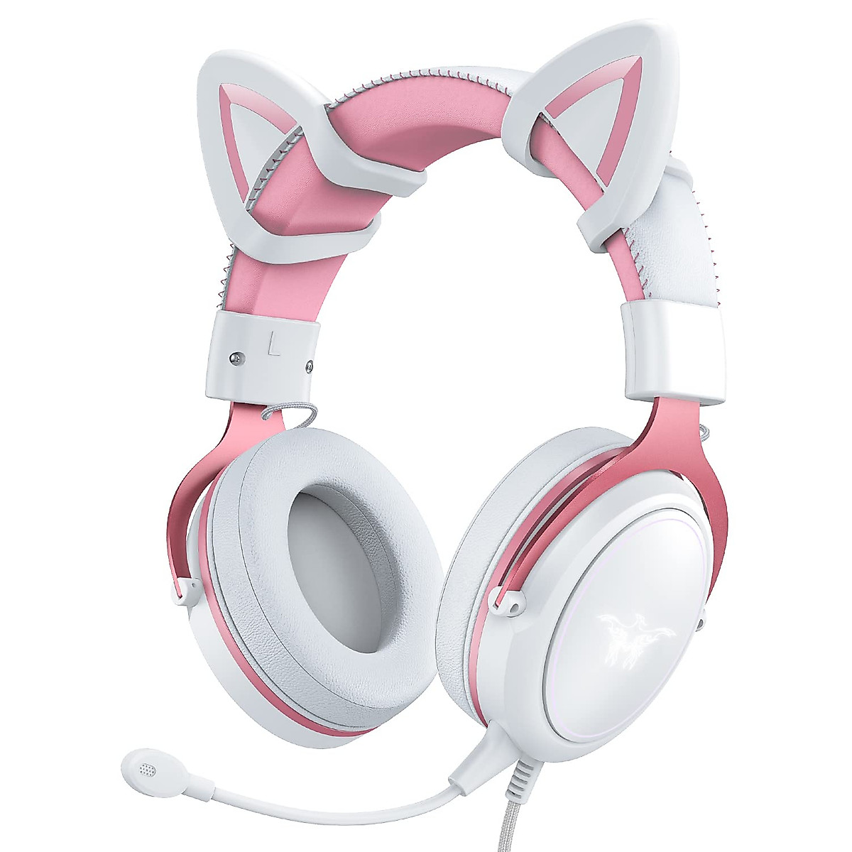 PHNIXGAM Cat Ear Gaming Cute Headset, Wired Over-Ear Headphones with Noise Cancelling Microphone, Surround Sound, LED Backlight for PS4, PS5, Xbox One(No Adapter), PC, Mobile Phone, White & Pink