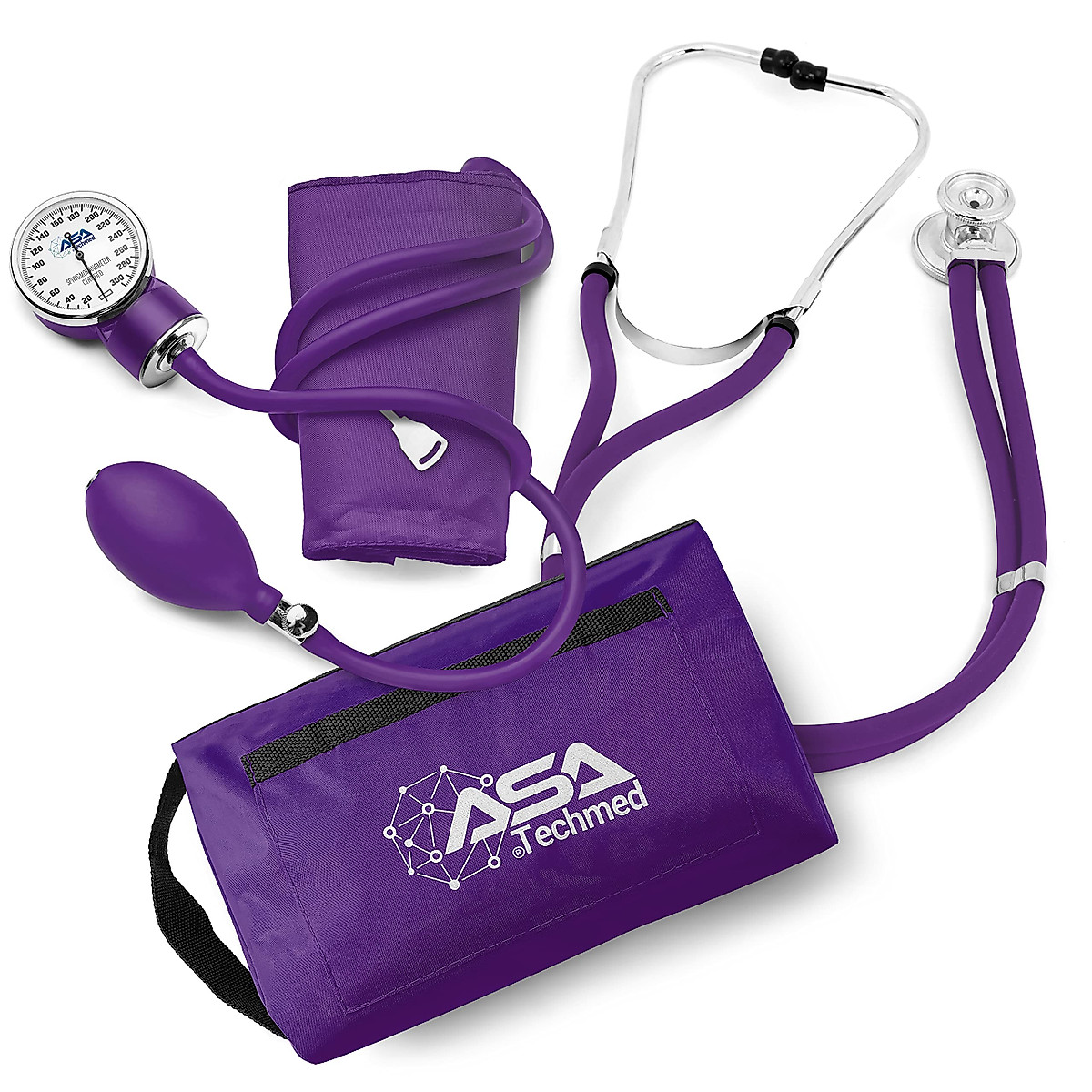 ASA TECHMED Dual Head Sprague Stethoscope and Sphygmomanometer Manual Blood Pressure Cuff Set with Case, Gift for Medical Students, Doctors, Nurses, EMT and Paramedics, Purple