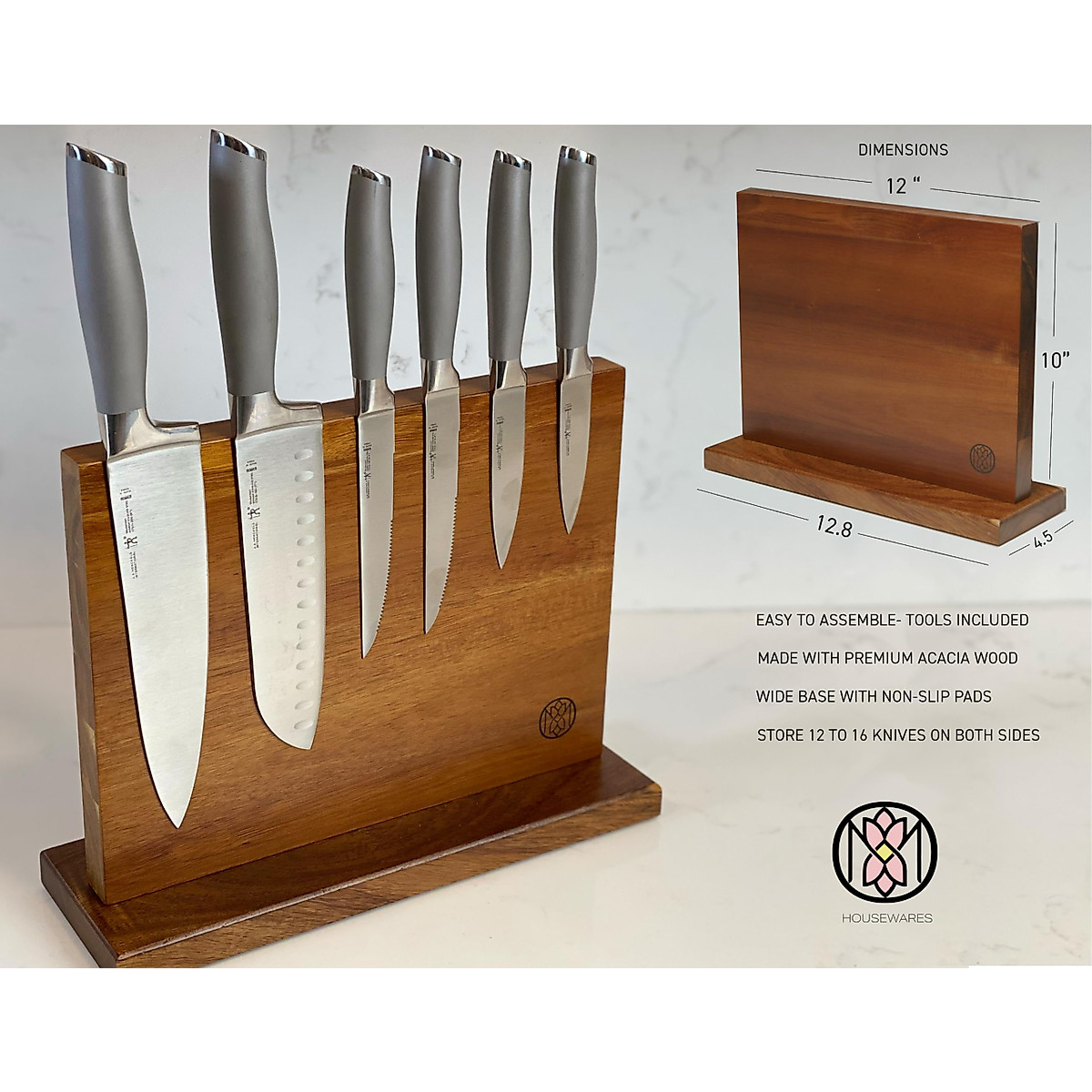 Omni Felix Magnetic Knife Block, Clean and Efficient Knife Holder and Storage, Beautiful Natural Acacia Wood Knife Display Stand, Strong Magnetic Double Sided Kitchen Knife Holder