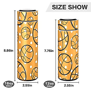 CaTaKu Basketball Polka Dots Water Bottle Insulated 16 oz Stainless Steel Flask Thermos Bottle for Coffee Water Drink Reusable Wide Mouth Vacuum Travel Mug Cup
