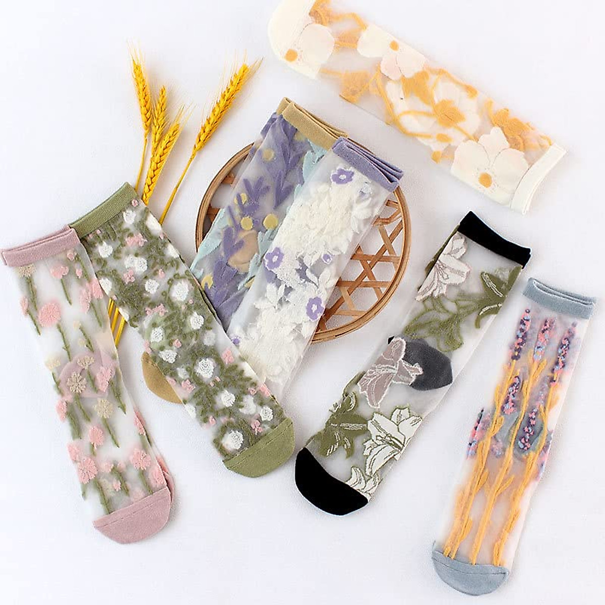 Alafime Coquette Aesthetic Socks Sheer Socks Mesh Socks Women 7 Pairs Kawaii Embroidered Florals Y2K Fulle Tube Socks (6pairs)