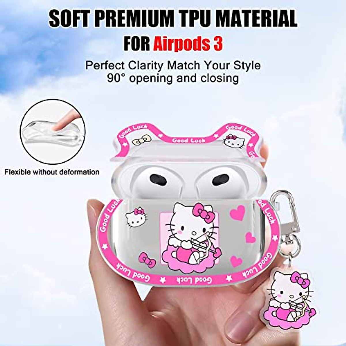 Cute Cat Case for AirPod 3rd Generation Cover with Loverly Cartoon Anime Funny Kawaii Pink Cat Keychain for Women Girls Kids,Clear Shockproof Protective Soft Silicone Cover for AirPod 3rd Generation
