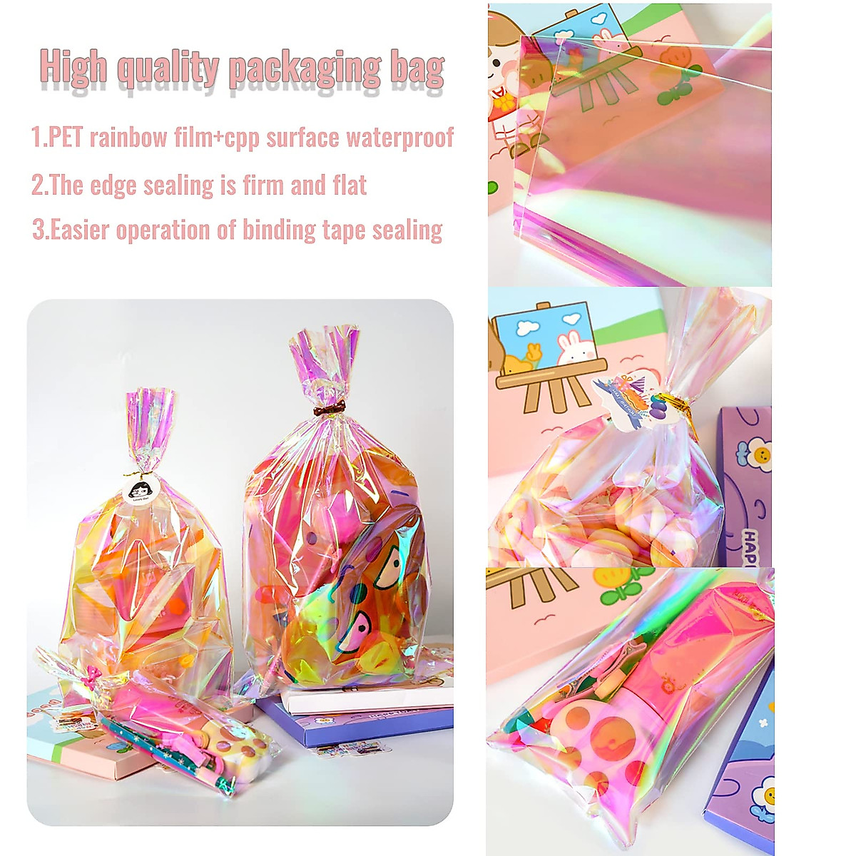 50pcs Iridescent Holographic Cellophane Bags,4x10inches Candy Treat Bags Party Favor,Cookie Goodie Bags with 50pcs Gold Twist Ties for Baby Showers Weddings Birthday Christmas Thanksgiving Halloween