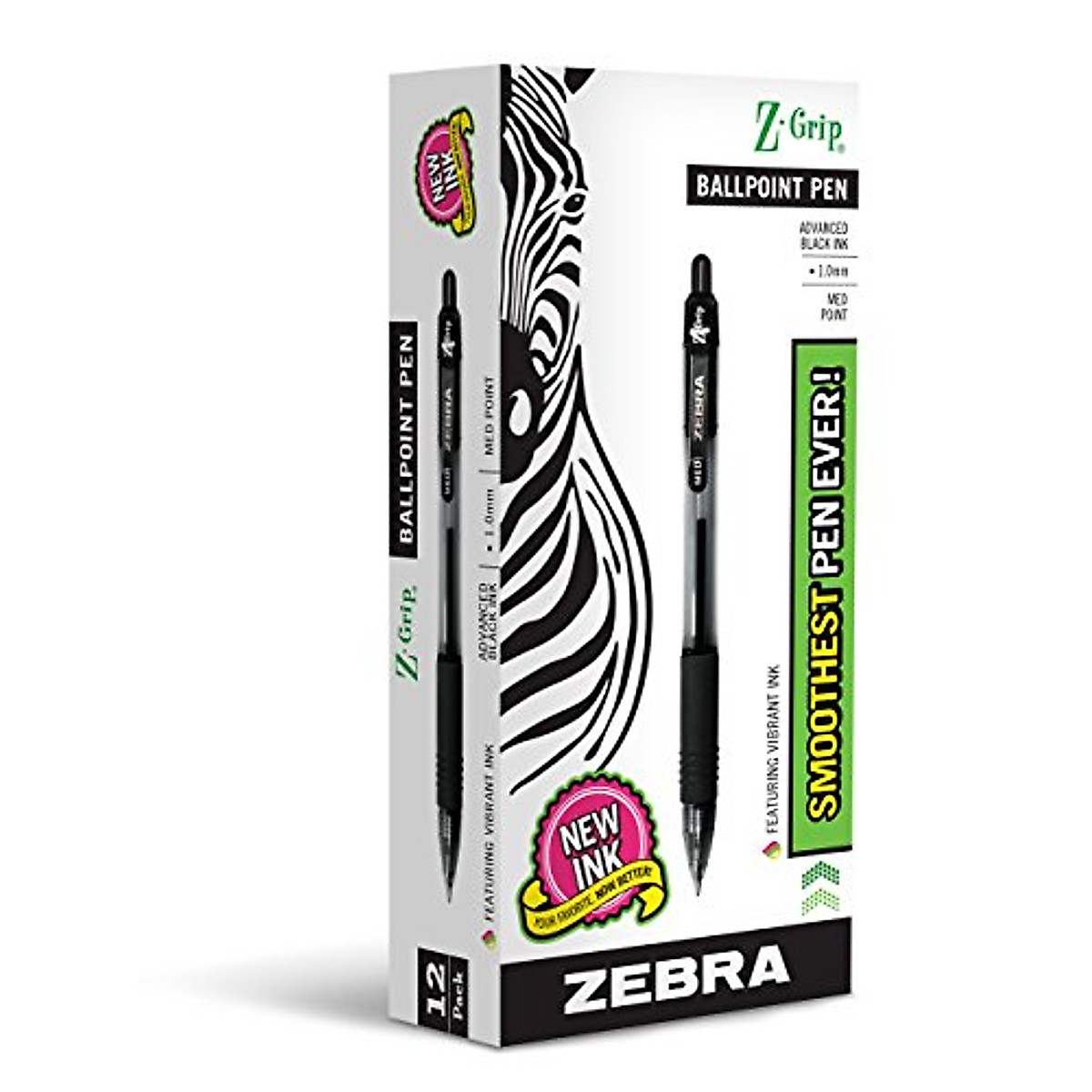Zebra Pen Z-Grip Retractable Ballpoint Pen, Medium Point, 1.0mm, Black Ink, 12-Count