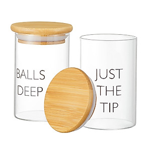 INIUNIK Glass Qtip Holder Dispenser, 2 Pack Glass Apothecary Jars with Lids, Sealed Q Tip Holder Cotton Ball Round Pad Swab Holder Funny Bathroom Canisters Jars for Vanity Restroom Décor and Storage