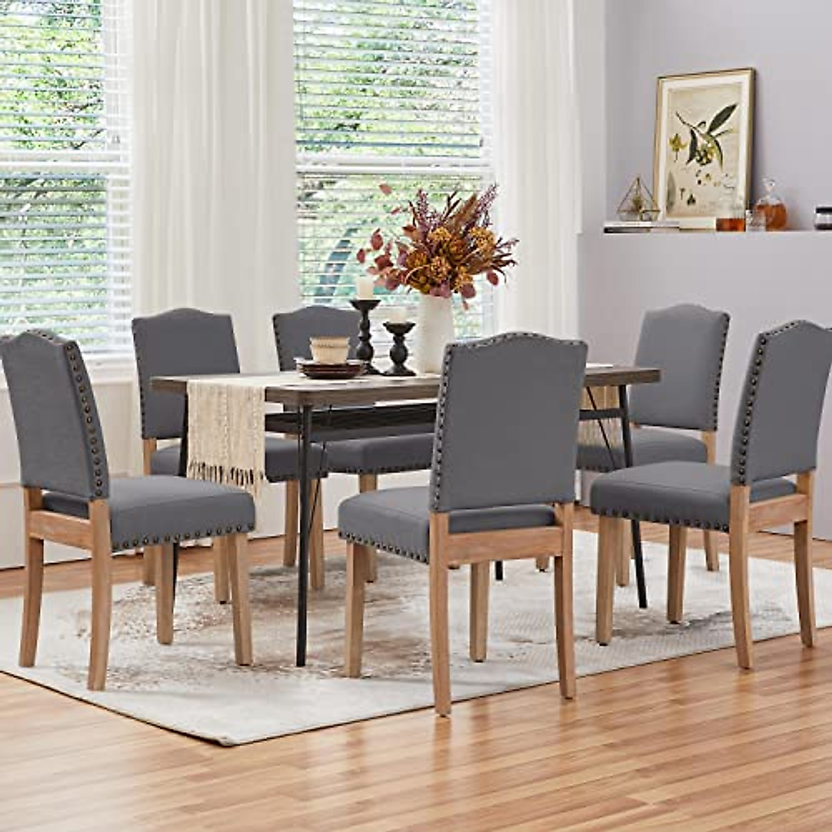 Yaheetech Dining Chairs Fabric Side Chair with Solid Wood Legs Parson Chairs with Nailhead Trim for Home Kitchen Living Room, Dark Gray, 6pcs