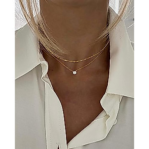 Tewiky Gold Necklace, Dainty Gold Layered Gold Plated Diamond Necklaces Simple CZ Solitaire Pendant Necklace Cute Gold Cubic Zirconia Chain Choker for Women Trendy Girls Gold Jewelry Gift
