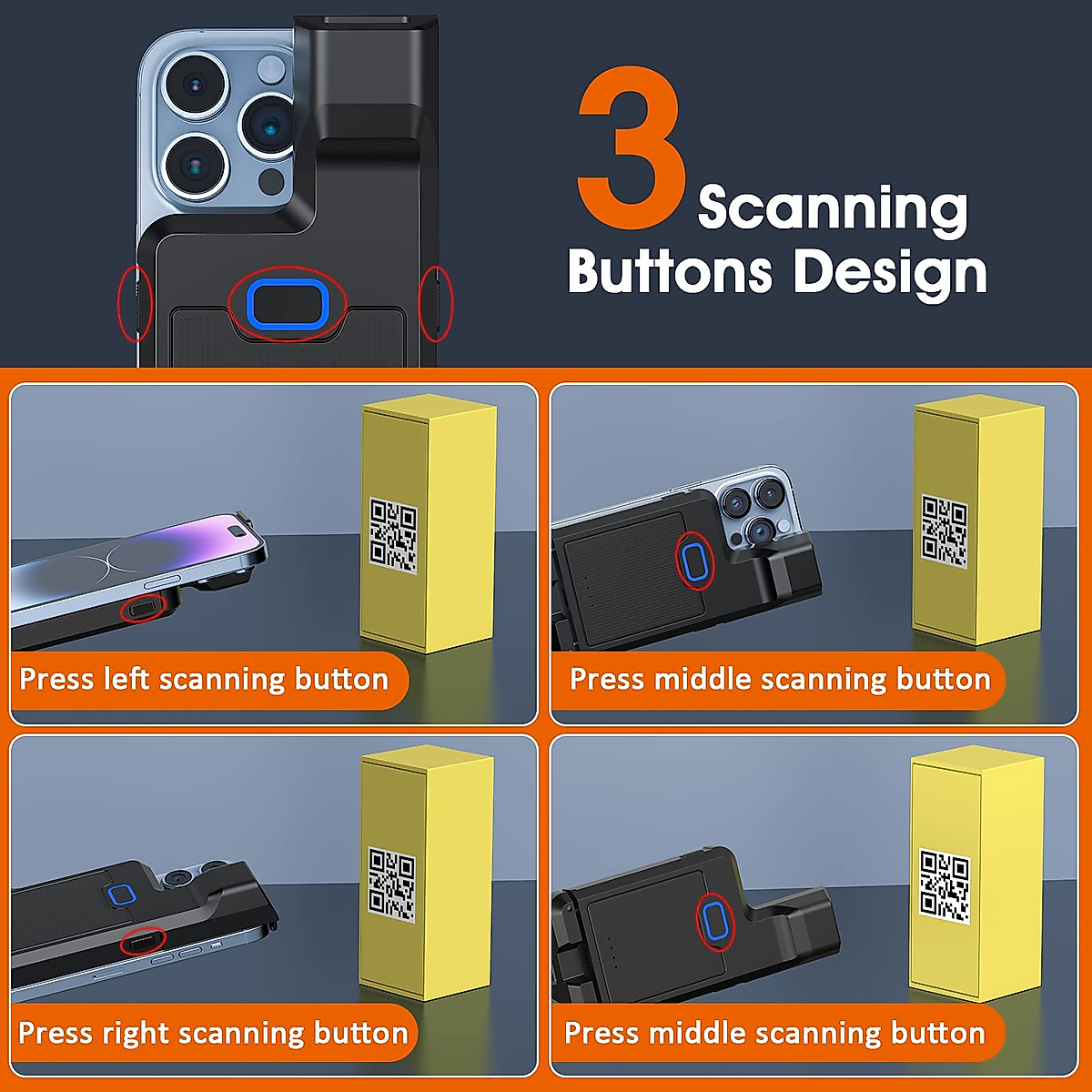 Alacrity QR Code Scanner Bluetooth Android Barcode Scanner, Wireless Adjustable Back Clip Phone Bar Code Scanner with 3000mAh Rechargeable Battery ompatible with Android, iOS, iPad,iPhone