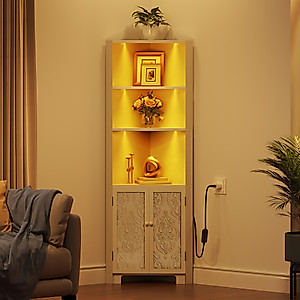 DWVO Tall Corner Shelf with Led Light, 5-Tier Corner Bookshelf and Bookcase with Storage, 67" Modern Corner Cabinet with 2 Carved Doors for Kitchen, Home Office or Living Room, White