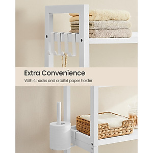 SONGMICS Over The Toilet Storage Shelf with Toilet Paper Holder, Bamboo Bathroom Organizer with Adjustable Shelves, 10.2 x 32.7 x 72.8 Inches, 4 Hooks, Storage Rack, Cloud White UBTS017W01