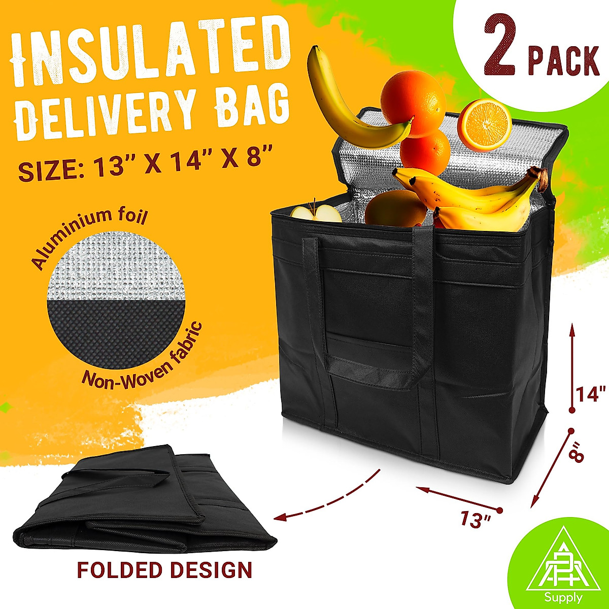 APQ Supply Black Insulated Food Delivery Bag 13 x 14 x 8 Inches, Insulated Grocery Bags with Zippered Top, Pack of 2 Heavy Duty Catering Bag for Food Deliveries, Insulated Bags for Food Delivery
