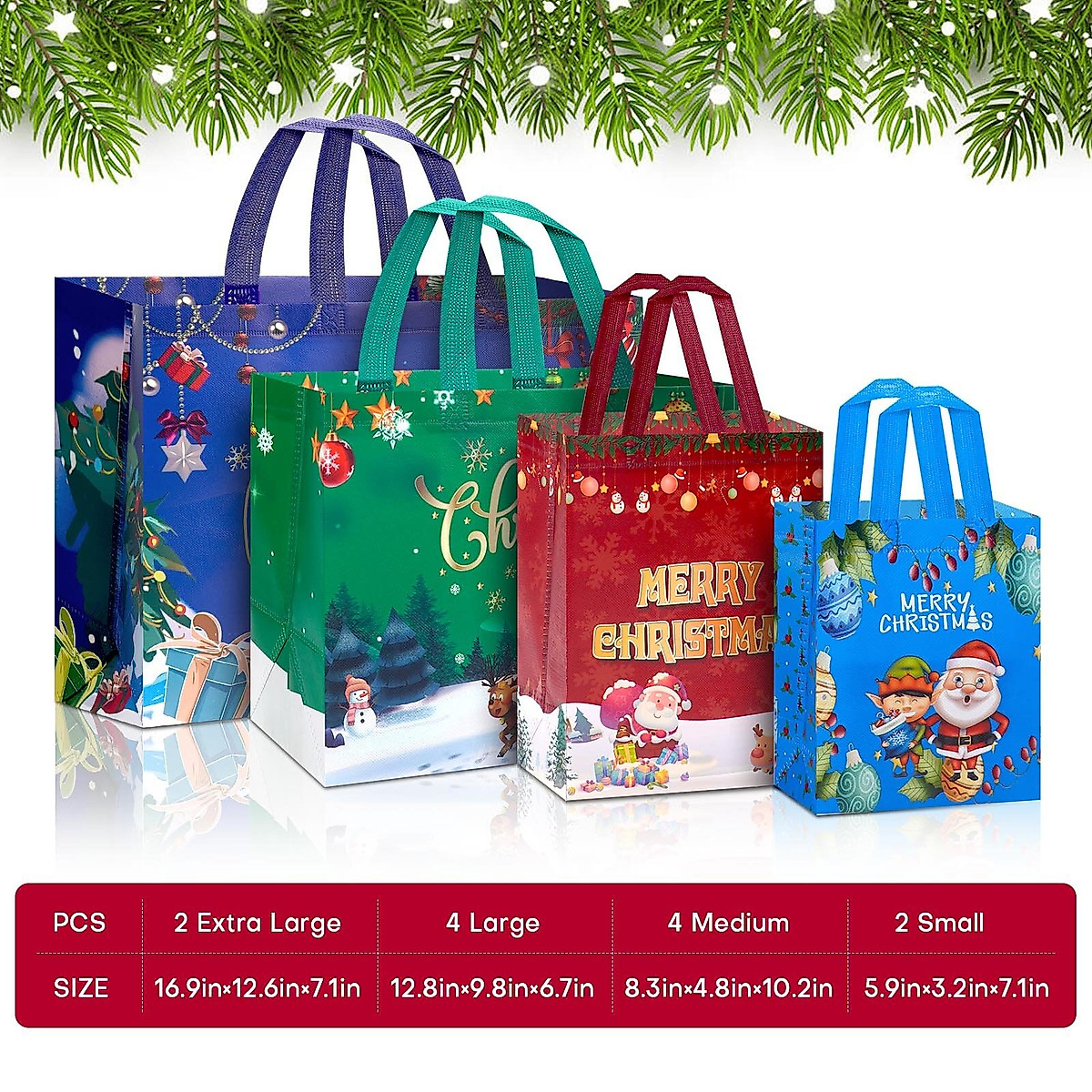 Fayayuan 34 Pack Christmas Gift Bags Assorted Sizes, 22 Styles Reusable Tote Bags Includes 4 Extra Large 17",18 Large 13",8 Medium 10",4 Small 8" Non-Woven Christmas Bags for Xmas Party Supplies