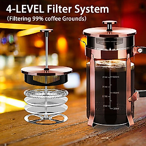 YMMIND French Press Coffee Maker 304 Stainless Steel Coffee Press,with 4 Filters System, Heat Resistant Thickness Borosilicate French Press Glass, BPA-Free Brewed Tea Pot Coffee Plunger