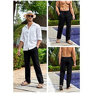 Gafeng Mens Linen Pants Yoga Beach Loose Fit Casual Summer Elastic Waist Drawstring Baggy Trousers with Pockets Black