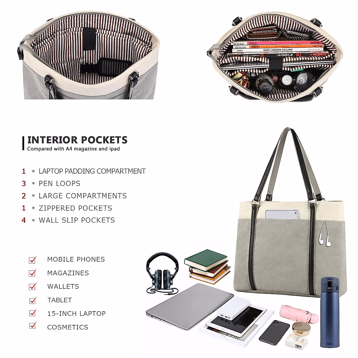 Women's Work Bag with Laptop Compartment Zipper Pockets Teacher Totes Purse