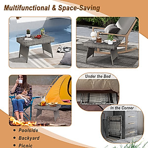 Tangkula Outdoor Folding Rattan Side Table, Rectangular Wicker End Table for Outdoor Furniture, Wicker Coffee Table for Patio Poolside Lawn Garden Patio, Mix Grey