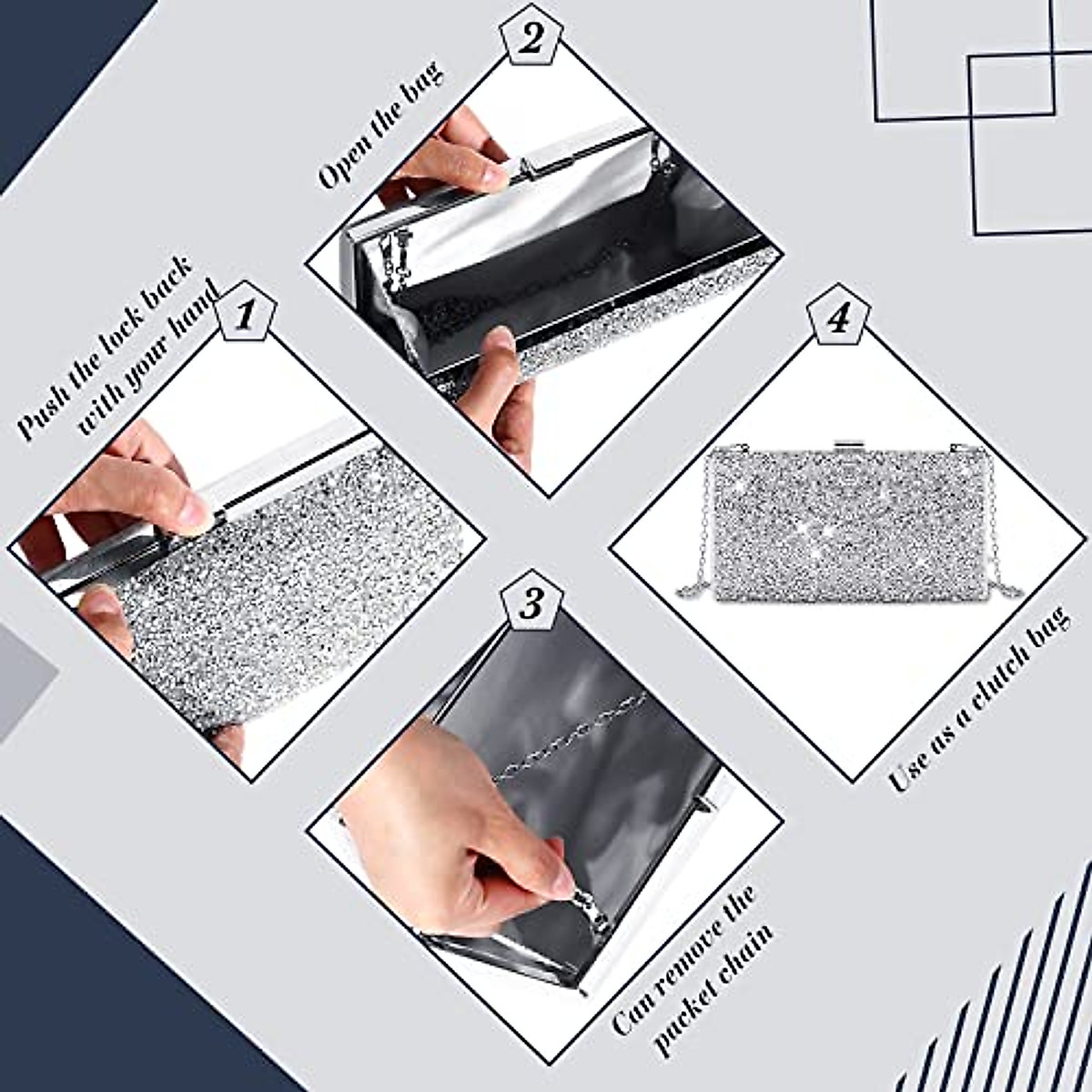 Jadive 4 Pcs Rhinestone Clutch Purses for Women Evening, Prom Purse Sparkly Bag Diamond Purse Handbag Glitter Evening Bag Jewelry Set for Formal Prom Parties Cocktail Banquet Wedding (Silver)