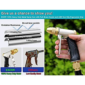 ESOW Garden Hose Nozzle 100% Heavy Duty Metal, Full Brass Nozzle & ABS Non-slip Ergonomic Grip, 4 Watering Patterns, High Pressure Metal Spray Gun for Watering Plants, Car Wash and Showering Dog