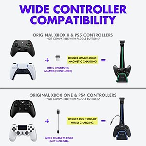Tilted Nation Headset and Controller Stand - PS4/PS5 Headset Stand with Wireless Controller Charger - Gaming Headphone and Controller Holder for Desk, PC - White