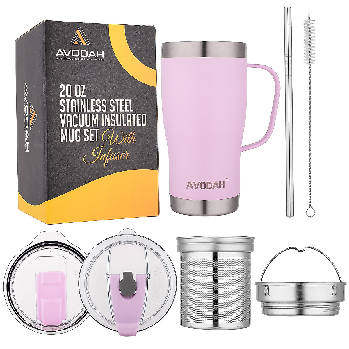 AVODAH 20 oz Tea Cup with Tea Infuser and Lid. Tea Infuser Mug with Tea Strainer, Two Lids & Straw. Coffee Travel Mug with Tea Accessories for Cold Brew (Lilac)