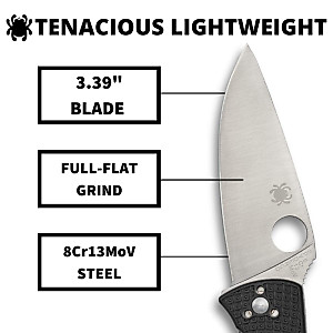 Spyderco Tenacious Lightweight Folding Utility Pocket Knife with 3.39" Stainless Steel Blade and Black FRN Handle - Everyday Carry - PlainEdge - C122PBK