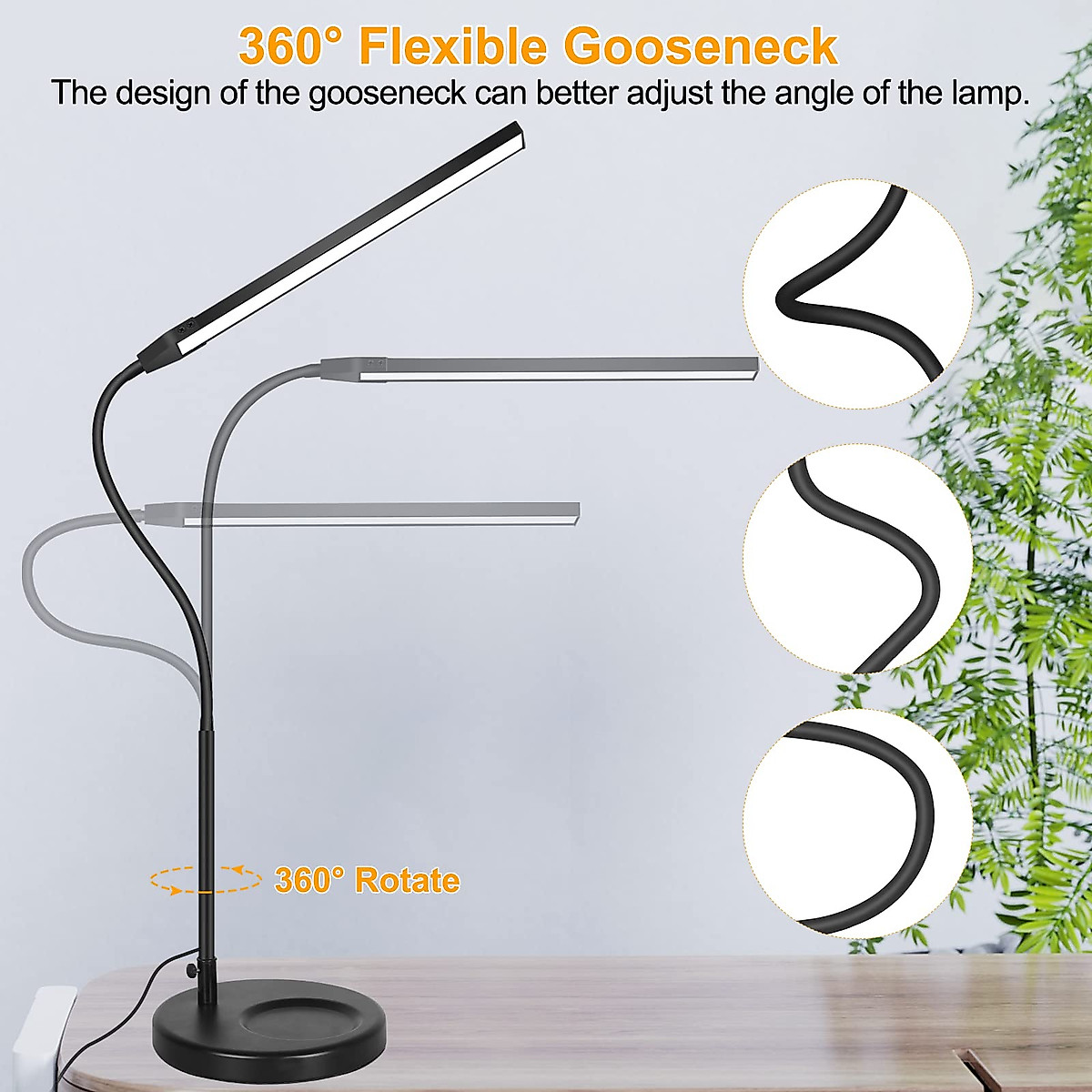 NAKOOS LED Desk Lamp with Clamp & Round Base, Eye Caring Table Lamp with Flexible Gooseneck, Touch Control 3 Color Modes, 10 Brightness Levels, Desk Light for Home Office 12W