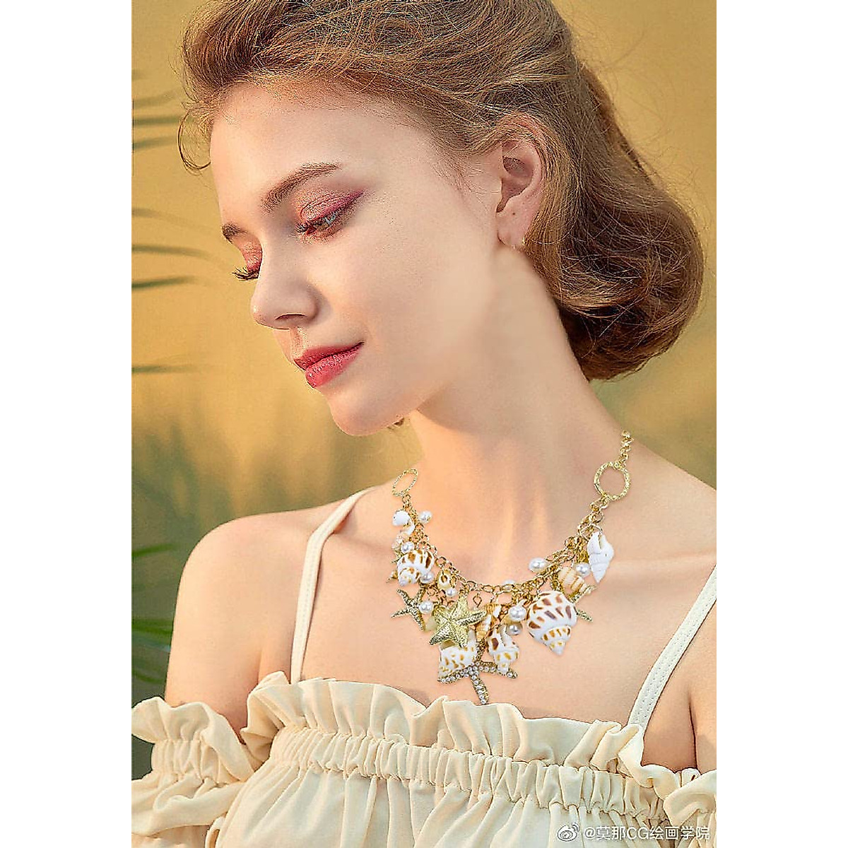 Halawly Shell Necklace Choker Mermaid Tail Necklace - Fashion Sea Shell Starfish Faux Pearl Collar Bib Statement Chunky Necklace Pendant (Shell Necklace Set)