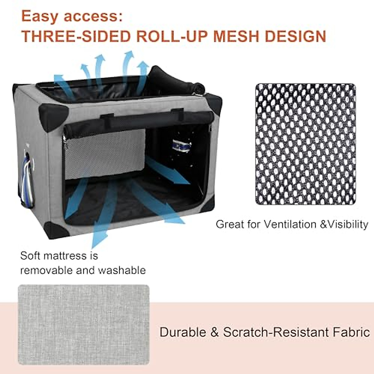 FLARUZIY Soft Collapsible Dog Crates -26 Inch Portable Travel Dog Crate for Small Dogs Cats Indoor & Outdoor, 3-Door Foldable Dog Cage Pop Up Pet Kennel with Durable Mesh Windows(Grey)