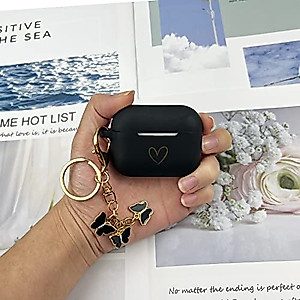 AIIEKZ Compatible with AirPods Pro 2 Case Cover 2022, Soft Silicone Case with Gold Heart Pattern for AirPods Pro 2nd Generation Case with Cute Butterfly Keychain for Girls Women (Black)