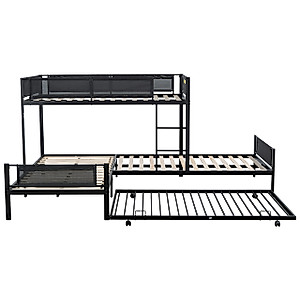 Tmsan Metal Triple Bunk Bed with Trundle for Kids, L Shaped Twin Over 2 Twin 3 Bunk Beds Heavy Duty Quad Bunk Beds for 4 Teens Adults Toddlers