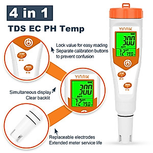 YINMIK Hydroponics EC pH Tester, Simultaneous Display pH ppm for Base Reservoir Water, Continuous Monitoring of pH Conductivity Temp. ppm for Growing Nutrients, Indoor DWC System, Aeroponic Garden