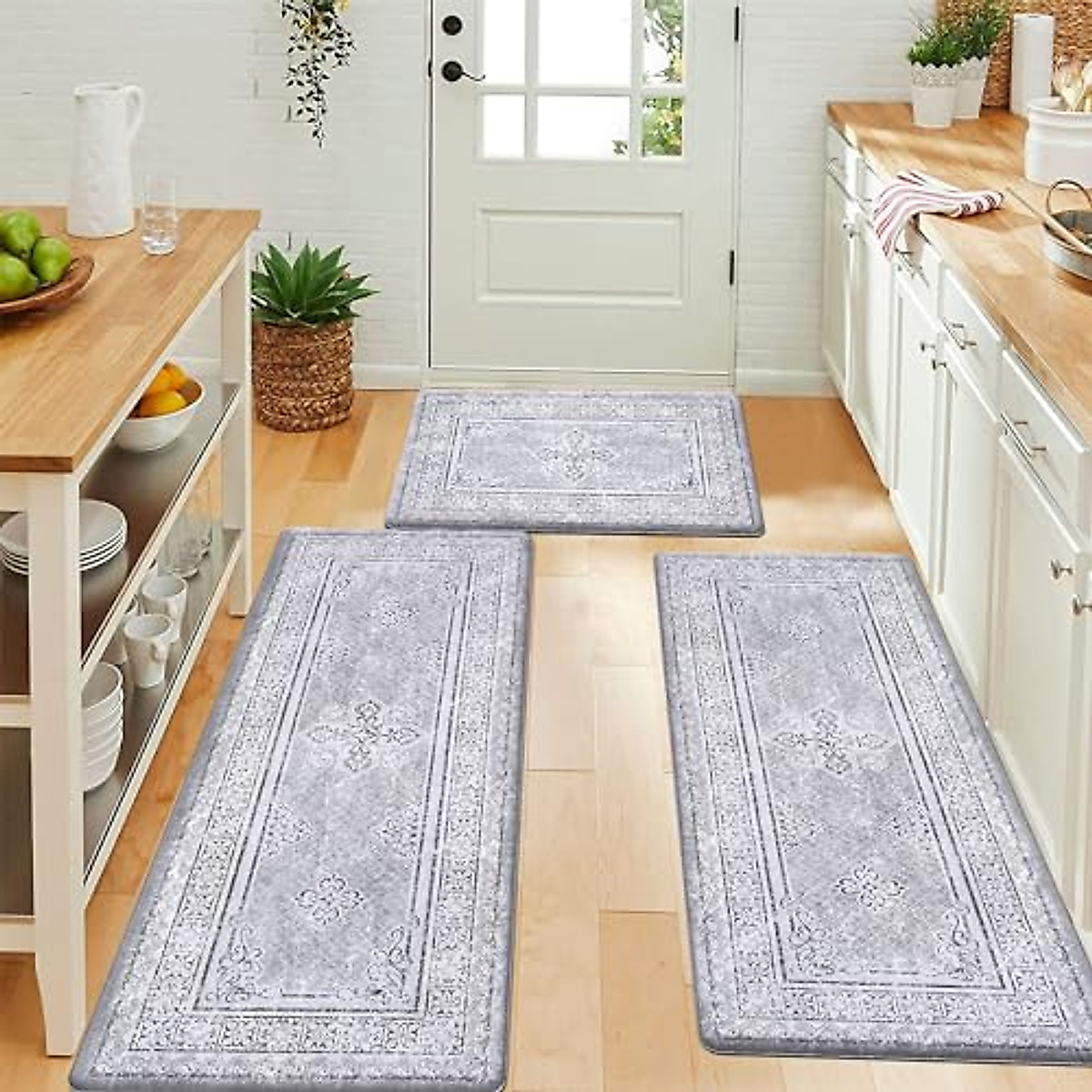 ASPMIZ 3 Pieces Kitchen Mats Cushioned Anti Fatigue, Waterproof PVC Runner Rug Kitchen Memory Foam Rugs Non Slip Kitchen Mats for Floor, Alfombras para Cocina, 18'' x 30'' + 18'' x 48'' + 18'' x 60''