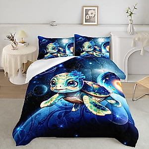 AILONEN 3D Sea Turtle Comforter Set Full Size, Cute Turtle Blue Space Galaxy Planet Bedding Set for Room Decor,Kawaii Kids Boys Girls Ocean Turtle Quilt with 2 Pillowcases,3 Pieces