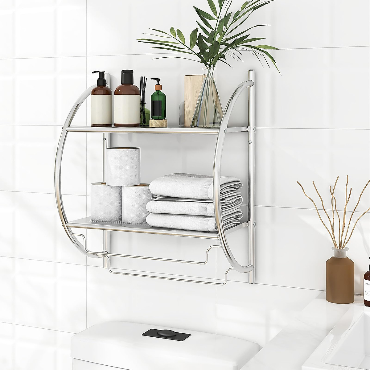 Giantex Bathroom Shelf with Towel Rack - 2 Tier Rustproof Over The Toilet Storage Shelf with Double Towel Bars, 18" W X 10" D X 22" H, Wall Mount Chrome Towel Holder for Living Room, Kitchen (Silver)