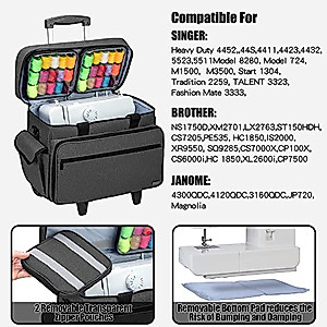 Teamoy Sewing Machine Case with Adjustable Wheels, Rolling Sewing Machine Tote with Wheels and Bottom Wooden Pad, Compatible with Singer, Brother and Most Majority Machines and Accessories, Black
