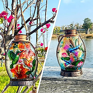 SUBOLO Hanging Solar Lantern Outdoor Garden Metal Glass Dragonfly & Hummingbird Pattern LED Light Solar Powered Waterproof Landscape Table Lamp for Patio, Yard and Pathway - 1 Pc