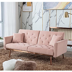 HBHM Velvet Accent Sofa, Loveseat Mid Century Modern Velvet Fabric Couch, Convertible Futon Sofa Bed, Recliner Couch Accent Sofa Loveseat Sofa with Gold Metal Feet,Pink