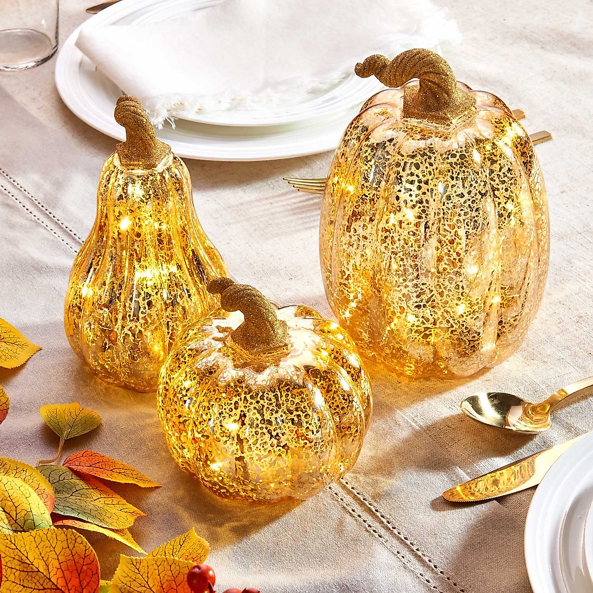 LampLust Gold Glass Pumpkin with Lights - Set of 3, Mercury Glass Style, Batteries Included, Thanksgiving Harvest Decorations, Timer, LED Lighted Gold Pumpkins for Decorating Fall Decor