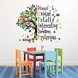Mfault Autism Awareness Day Inspirational Sign Wall Decal Sticker, Positive Puzzle Piece Tree Colorful Nursery Classroom Decoration Baby Bedroom Art, Autistic Spectrum Motivational Kid Room Decor Gift