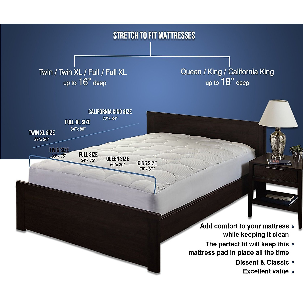 Full Mattress Pad Cover Deep Pockets Cotton Top, Down Alternative Fiber Fill Quilted and Fitted (Full Size - 54"x75")