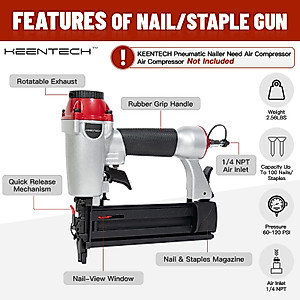 KEENTECH Pneumatic Brad Nailer, 18 GA, 2 in 1 Nail Gun and Crown Stapler Fires 2 Inch Brad Nailes and 1-5/8 Inch Crown Staples, for Carpentry, DIY Project, Woodworking, Silver & Red (KT5040)