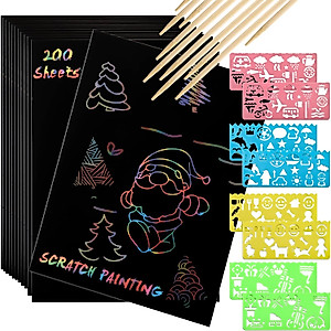 ZEAYEA 200 Pcs Scratch Paper Art Set, Scratch Off Rainbow Magic Paper with 10 Stylus, 8 Stencils, Black Scratch Notes for Boys and Girls DIY Crafts Christmas Birthday Gift Cards
