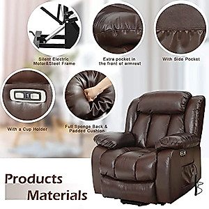 Harkawon Dual Motor Recliner Chair for Adults, Genuine Leather Lay Flat Sleeping Power Lift Chair for Elderly, Power Lift Chairs, with Massage and Heating (Brown)