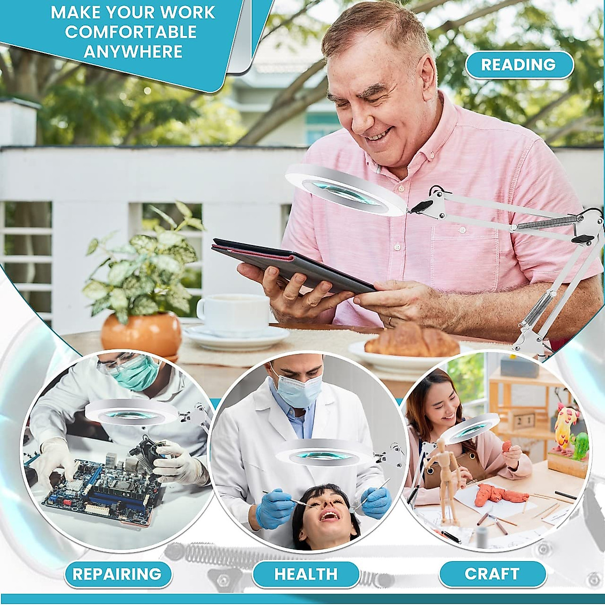 Magnifying Glass with Light and Stand - 2-in-1 Stepless Dimmable LED Magnifying Desk Lamp with Clamp - 3 Color Modes Lighted Magnifier Lens Swivel Arm Light for Reading, Craft, Close Works