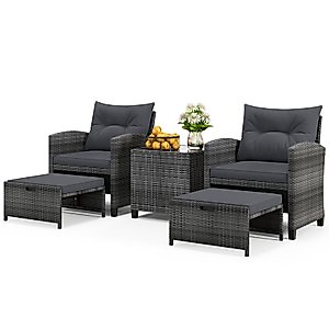 ORALNER 5 Pieces Patio Furniture Set with Ottoman, Wicker Conversation Set w/Cushions, Glass Coffee Table, Outdoor Lounger Rattan Chairs Bistro Set for Porch Balcony Garden Deck Poolside (Grey)