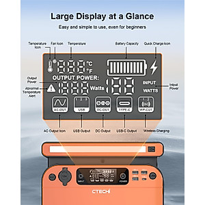 CTECHi Portable Power Station 500W LiFePO4 Battery Generator, 518 Wh/162000 mAh Energy Storage Pure Sine Wave Power Supply, AC/DC/USB-C/PD Car Charger Outputs for Camping Emergency Backup