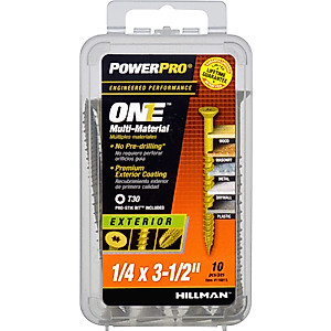 Power Pro Premium One Multi-Material Flat Head Screws, Epoxy Coated Steel, Fasten in Wood, Metal, Concrete, Drywall and Plastic, Bronze, ¼ x 3-½ inches, Box of 10 Screws