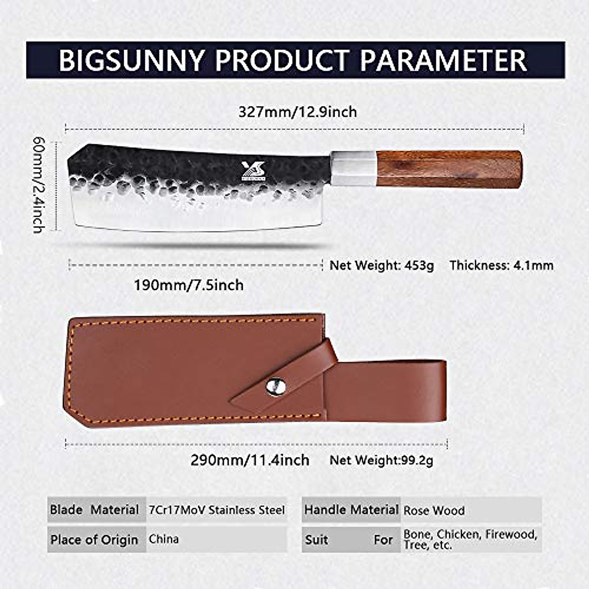 MSY BIGSUNNY 7.5 Inch Bone Chopper High Carbon Steel Heavy Duty Butcher Knife Full Tang Bone Cutter with Octagonal Handle, Multipurpose Use for Home